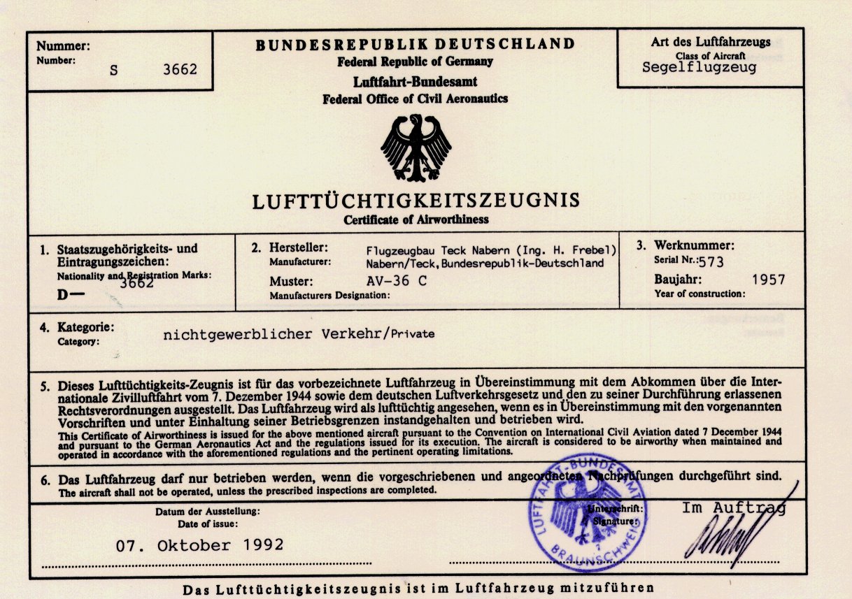 Oldtimer Segelflugzeug Verkauf Fauvel AV 36 C - Betriebshandbuch